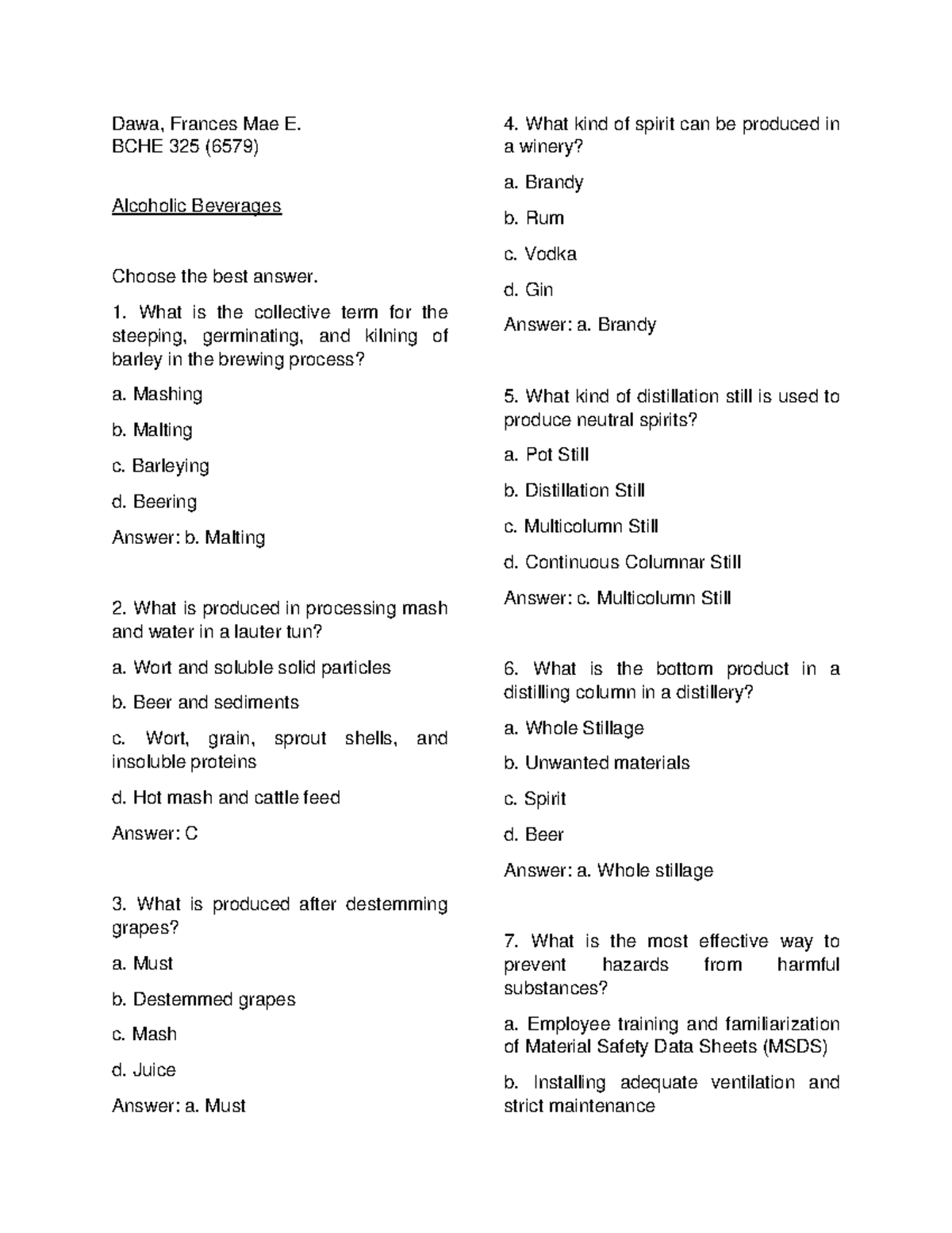 CPI - Alcoholic Beverages Questions - Dawa, Frances Mae E. BCHE 325 ...