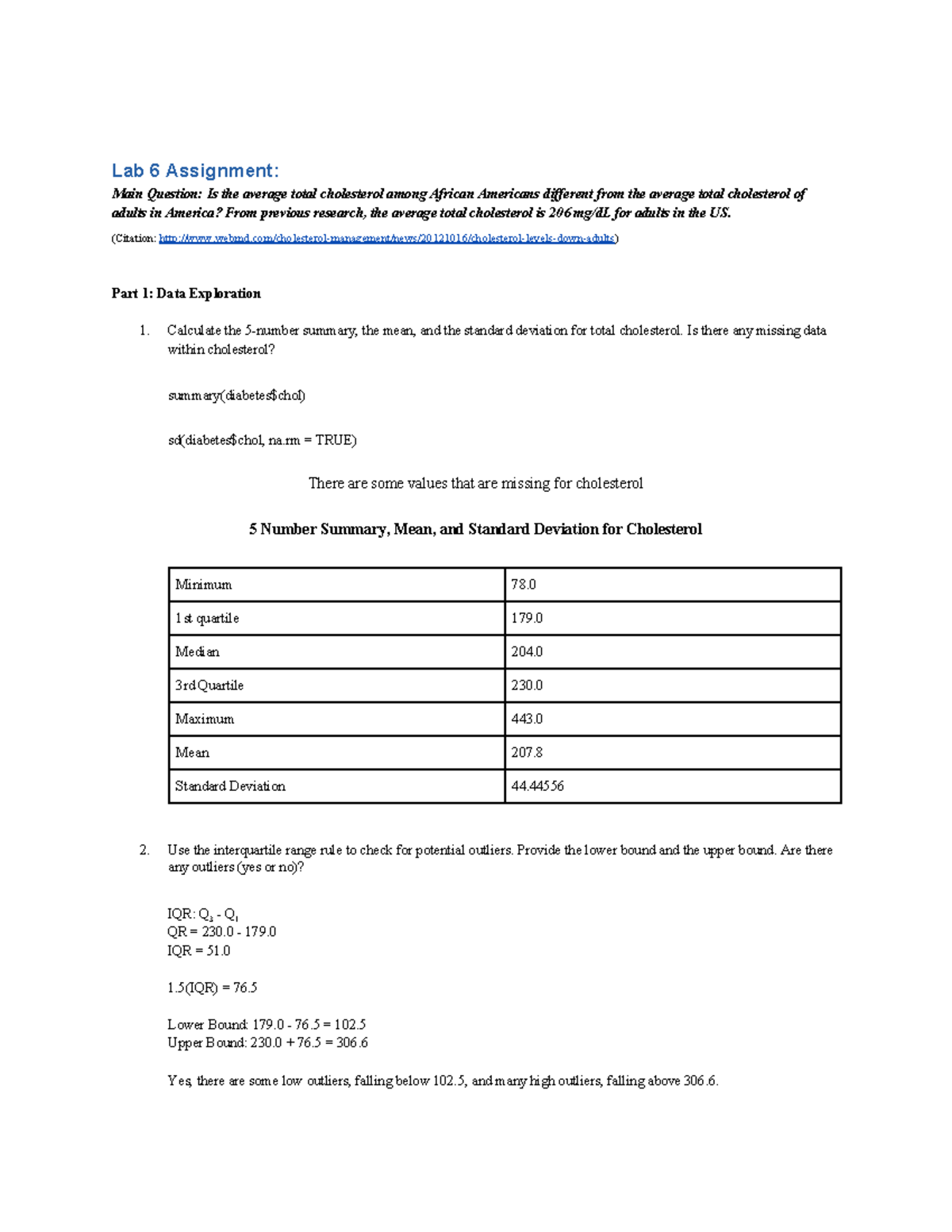 Lab 6 answers STAT2020 - Lab 6 Assignment: Main Question: Is the average total cholesterol among ...