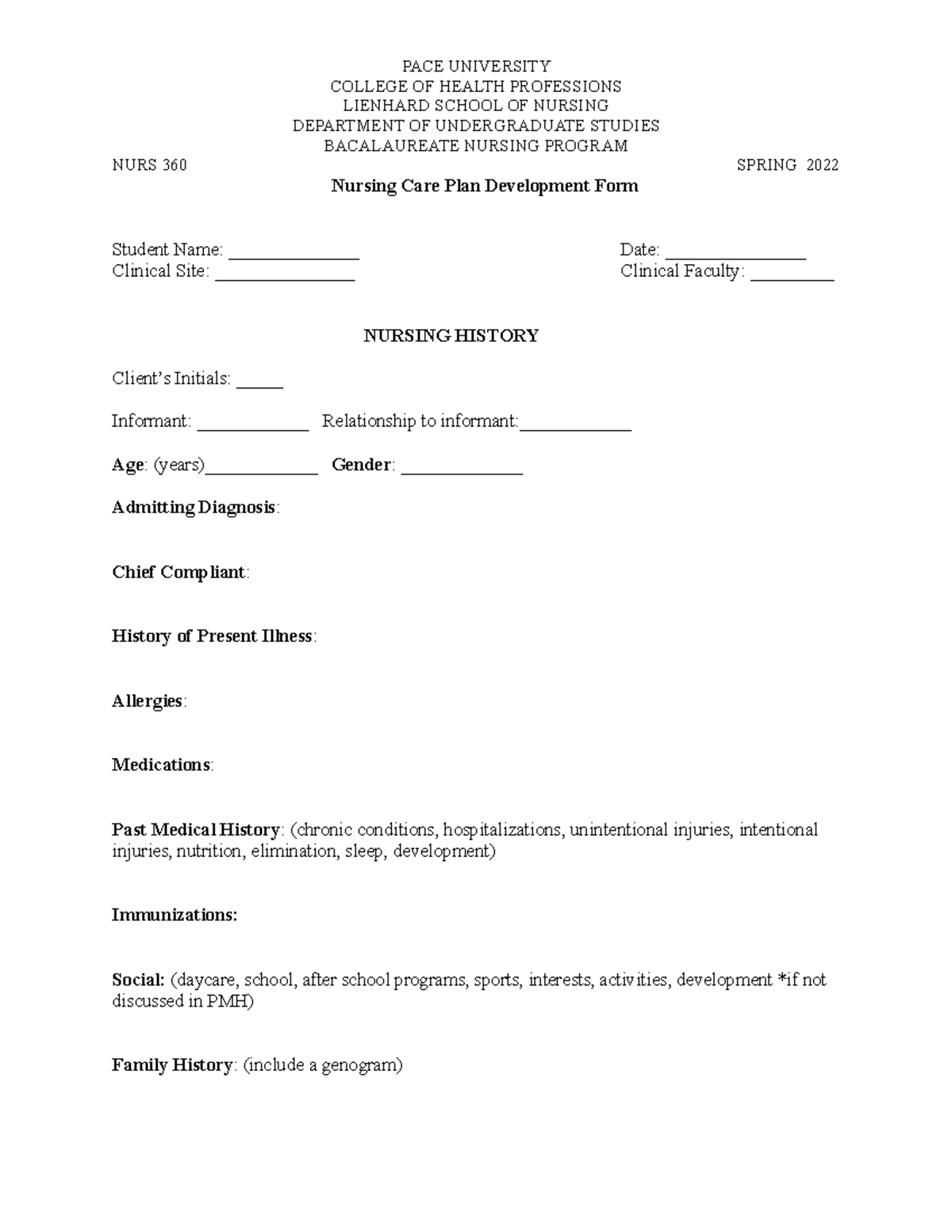 NURS 360 Care Plan Development Form - DEPARTMENT OF UNDERGRADUATE ...