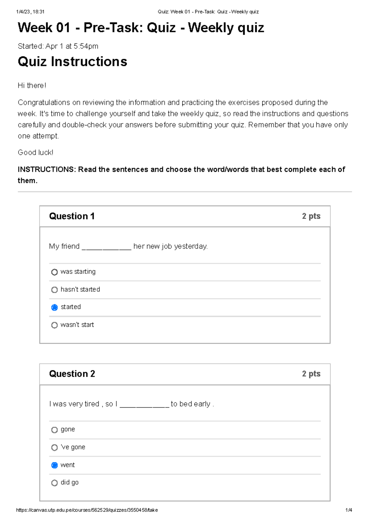 Quiz Week 01 - Pre-Task Quiz - Weekly quiz - Week 01 - Pre-Task: Quiz ...