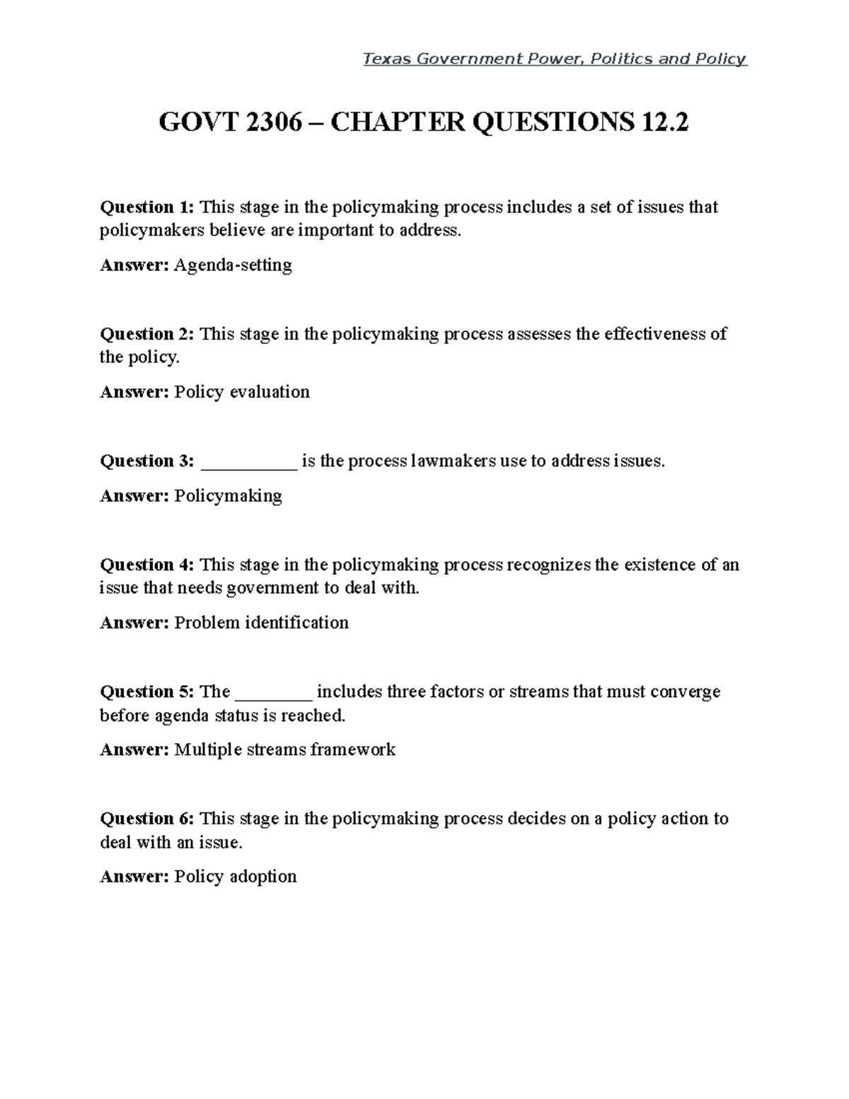 GOVT-2306 Chapter 12.2 Questions and Answers - Texas Government Power ...