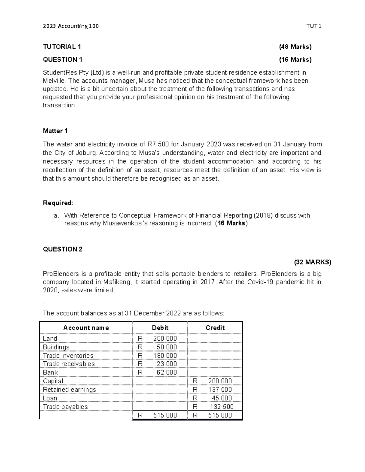 ACC 100-TUT1 - Questions - 2023 Accounting 100 TUT 1 TUTORIAL 1 (48 Marks) QUESTION 1 (16 Marks ...