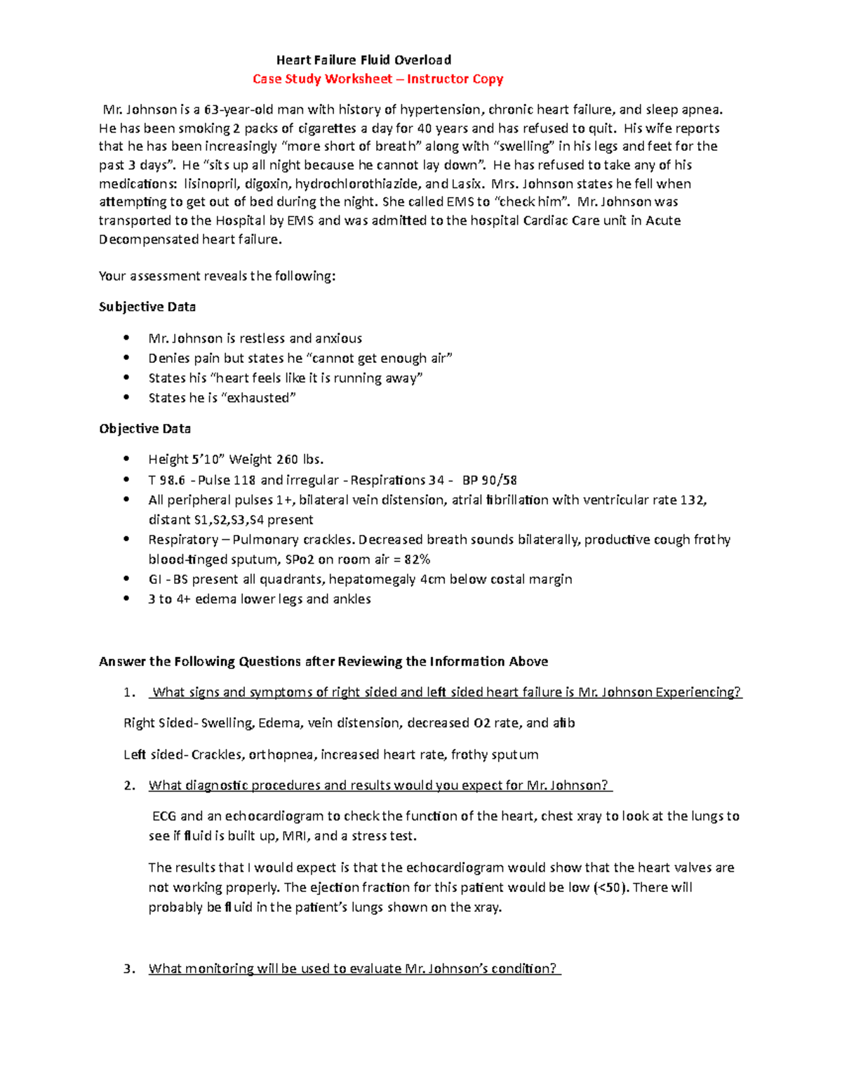 Acute Heart Failure Case Study Worksheet - Heart Failure Fluid Overload ...
