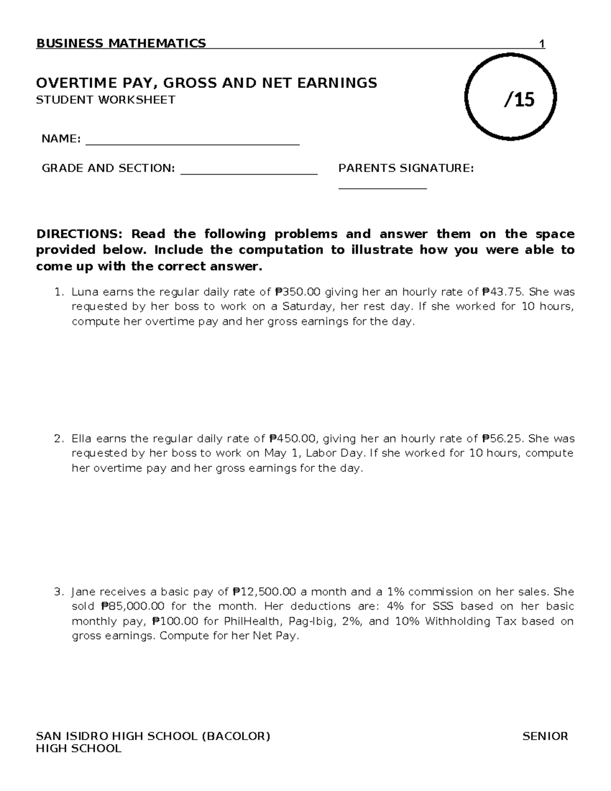 Worksheet - Payroll Deductions and Net Earnings - BUSINESS MATHEMATICS ...