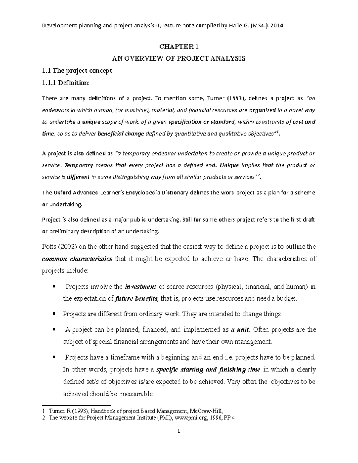 Project planning handout - CHAPTER 1 AN OVERVIEW OF PROJECT ANALYSIS 1 ...