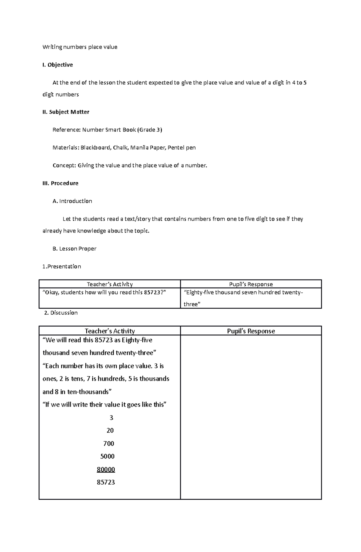 Lesson Plan in MATH - Ideas - Writing numbers place value I. Objective ...