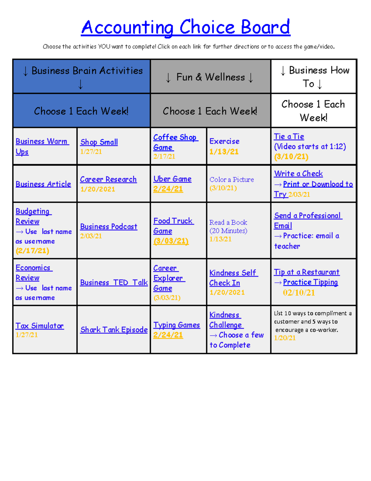 Accounting Choice Board - Accounting Choice Board Choose the activities ...