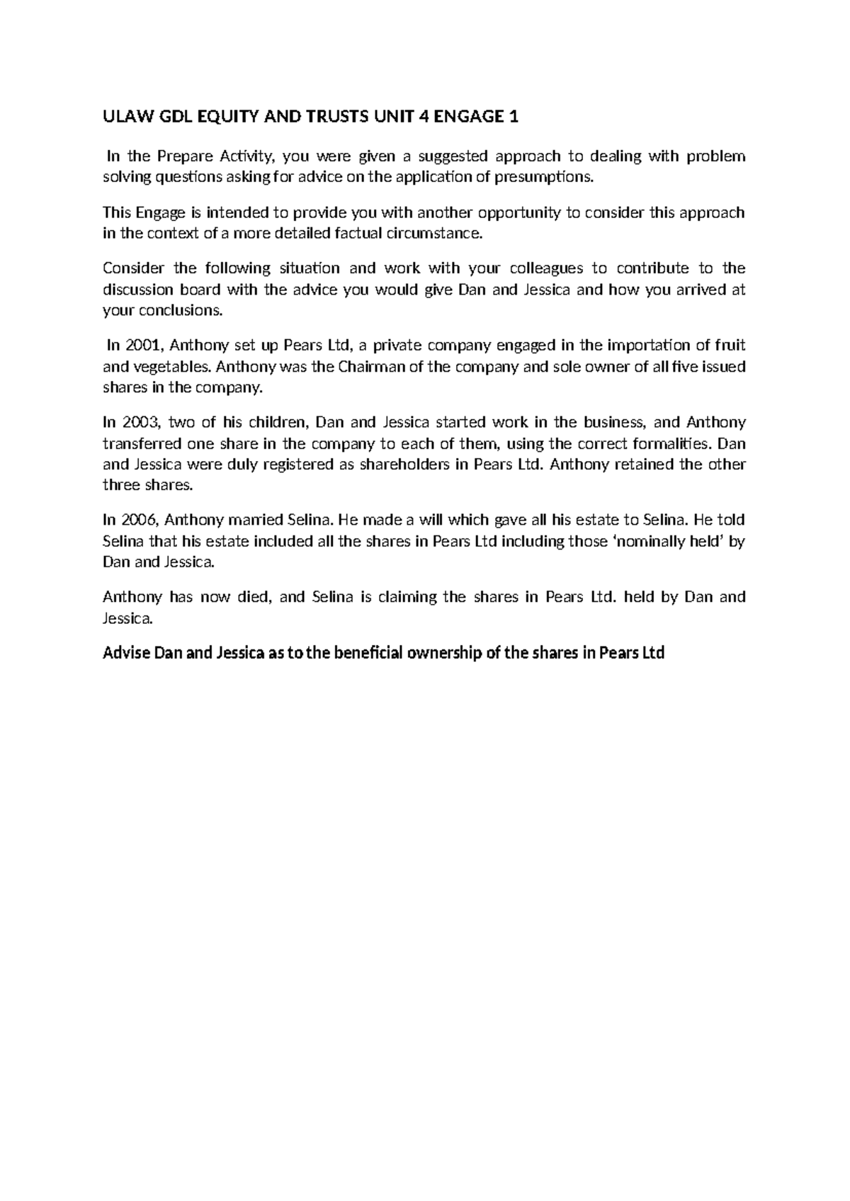 GDL Equity AND Trusts UNIT 4 Engage 1 - ULAW GDL EQUITY AND TRUSTS UNIT 4 ENGAGE 1 In the ...
