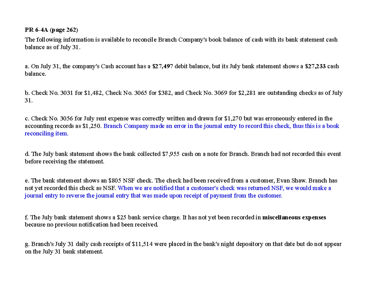 Journal Entries Practice PR 6 4A Bank Rec PR 6 4A page 262 The