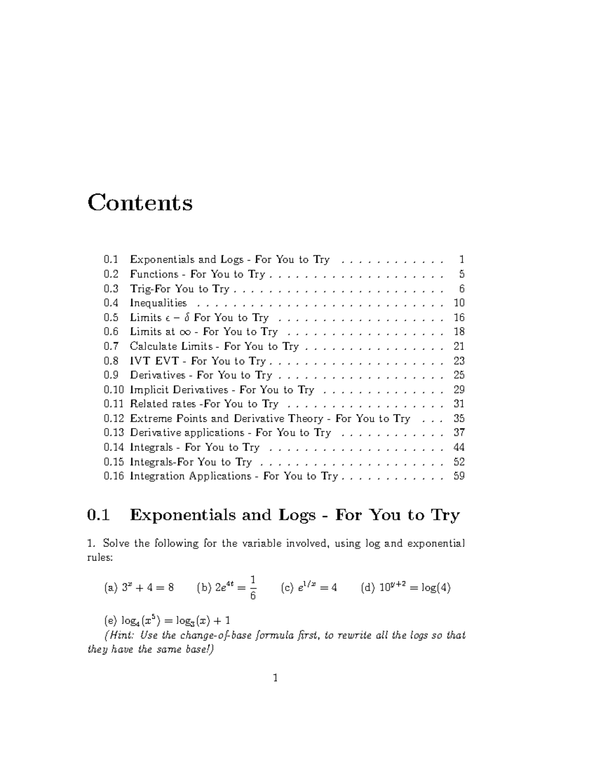 FYTT exercises - F22 - math - Contents 0 Exponentials and Logs - For You to Try............ 1 0 ...