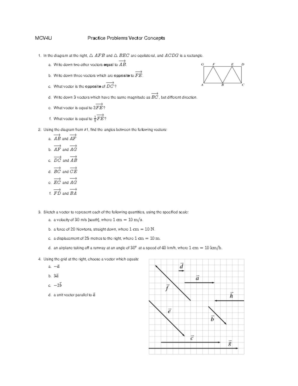 P1 Vector Concepts - calc 4 u - MCV4U Practice Problems Vector Concepts ...