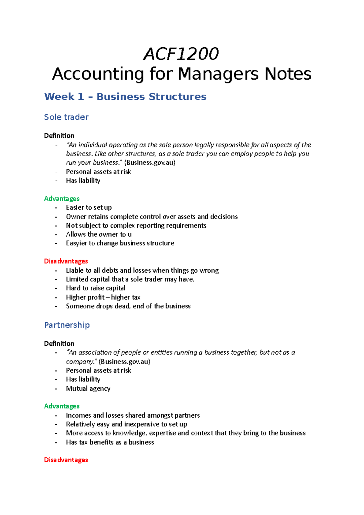 ACF1200 - Accounting notes - ACF Accounting for Managers Notes Week 1 ...