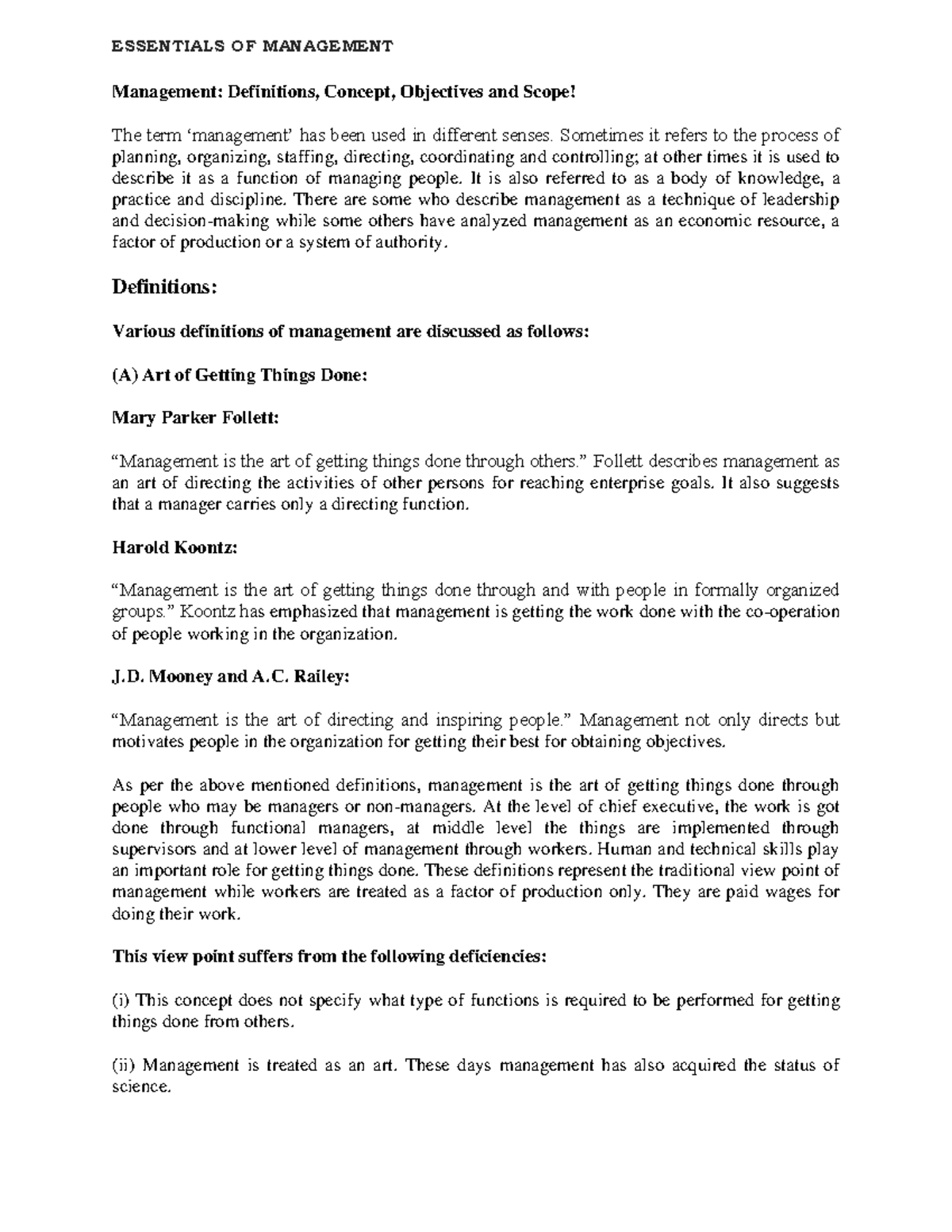 Essentials of management notes - ESSENTIALS OF MANAGEMENT Management ...