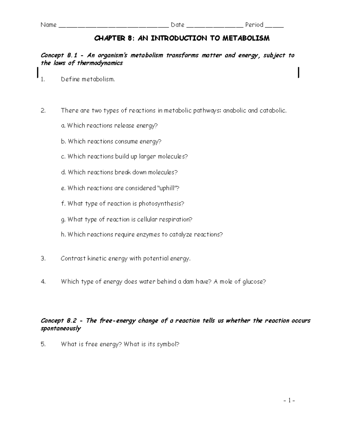 Metabolism worksheet - Name _____________________________ Date ...
