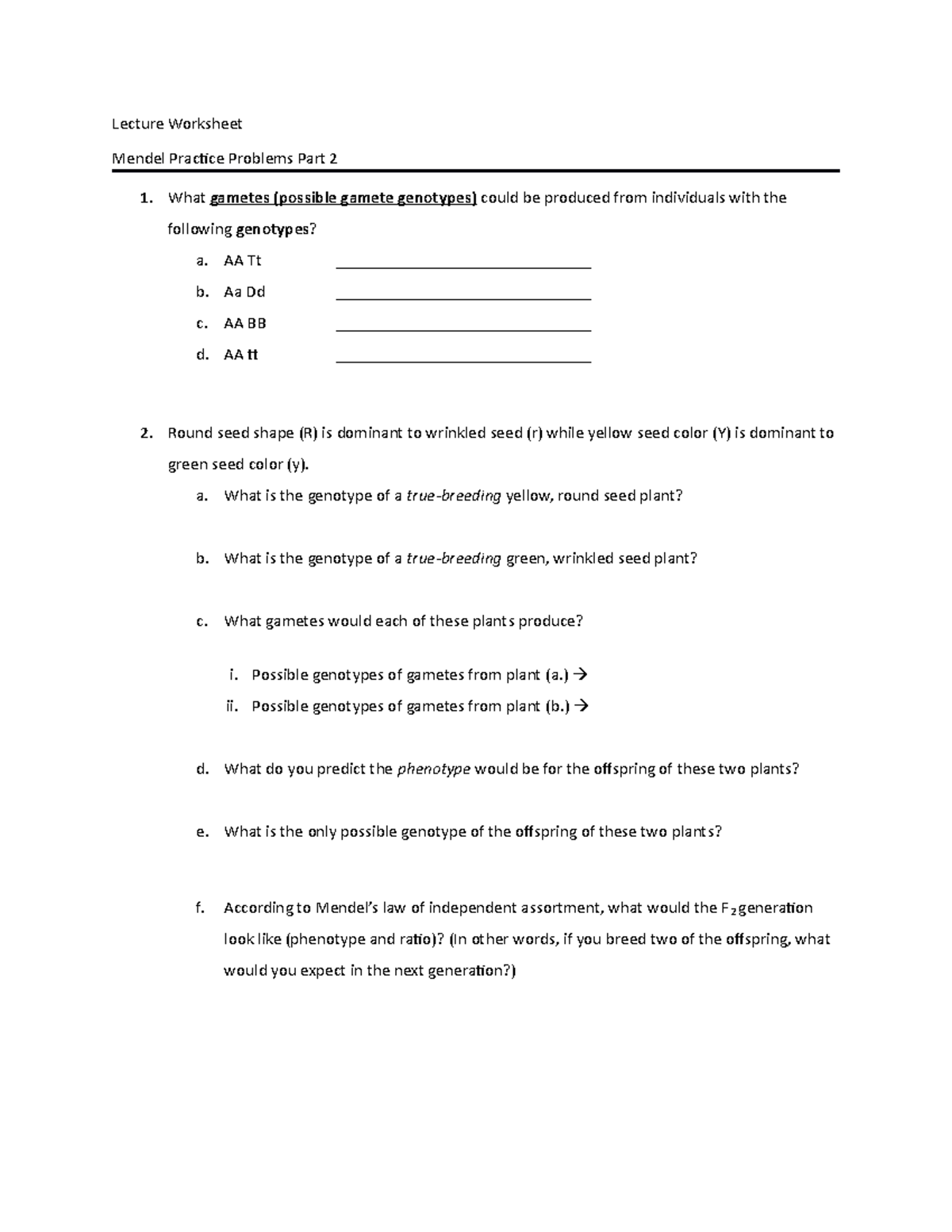 4Mendel Dihybrid Cross Practice - Lecture Worksheet Mendel Practice ...