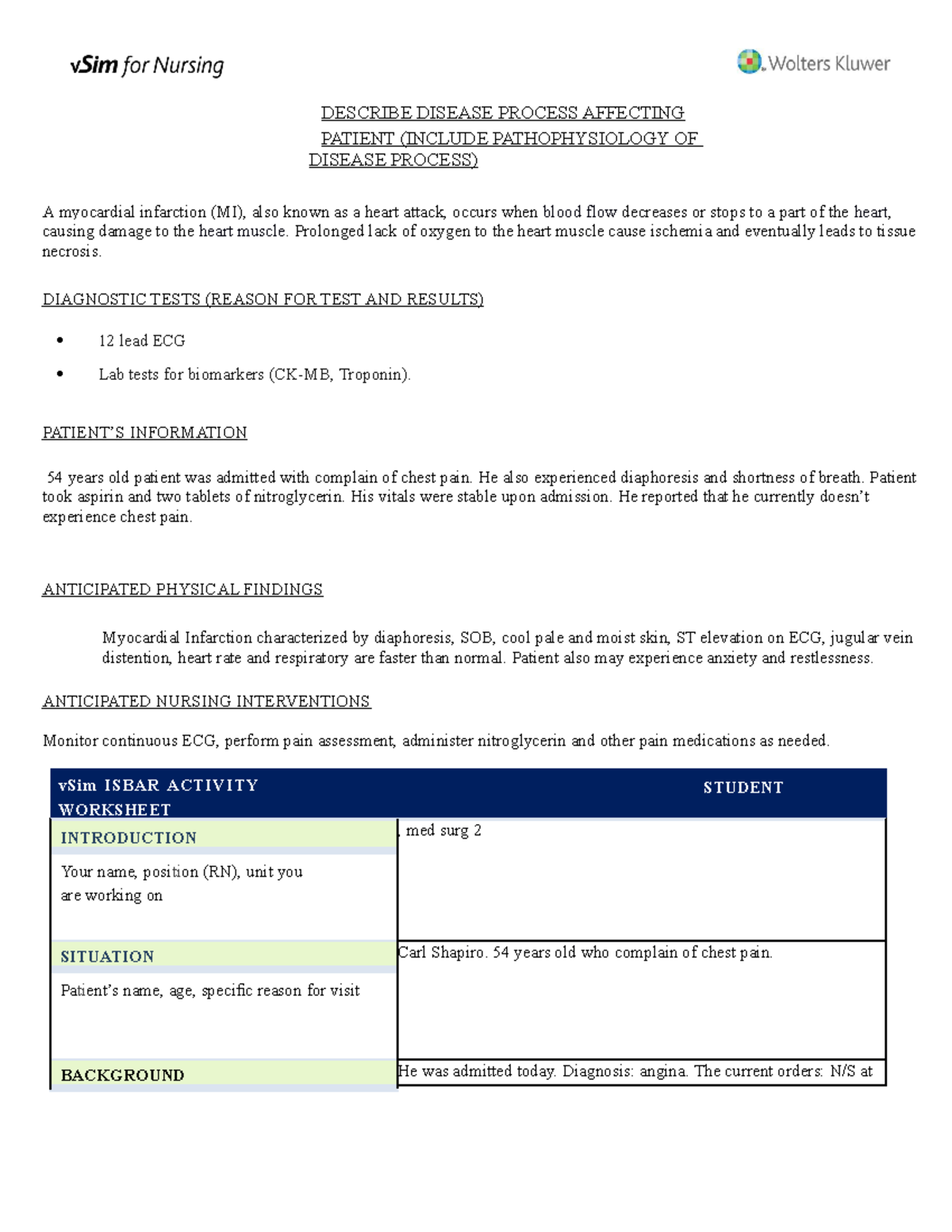 V Sim Worksheets - Carl Shapiro - DESCRIBE DISEASE PROCESS AFFECTING ...