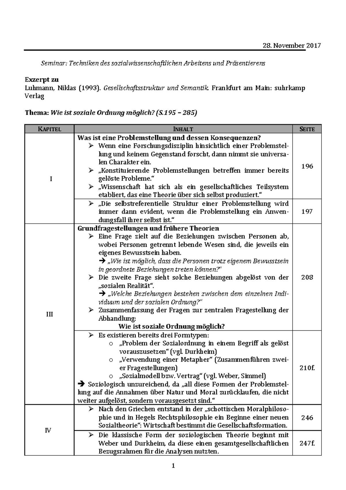 Exzerpt eines Ausschnitts aus Luhmanns 'Wie ist soziale Ordnung möglich ...