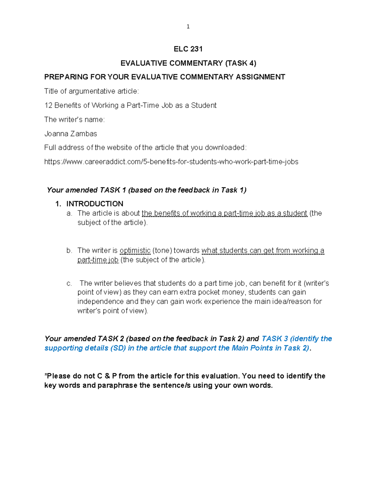 EC Preparation Task 4 - ELC 231 EVALUATIVE COMMENTARY (TASK 4) PREPARING FOR YOUR EVALUATIVE ...