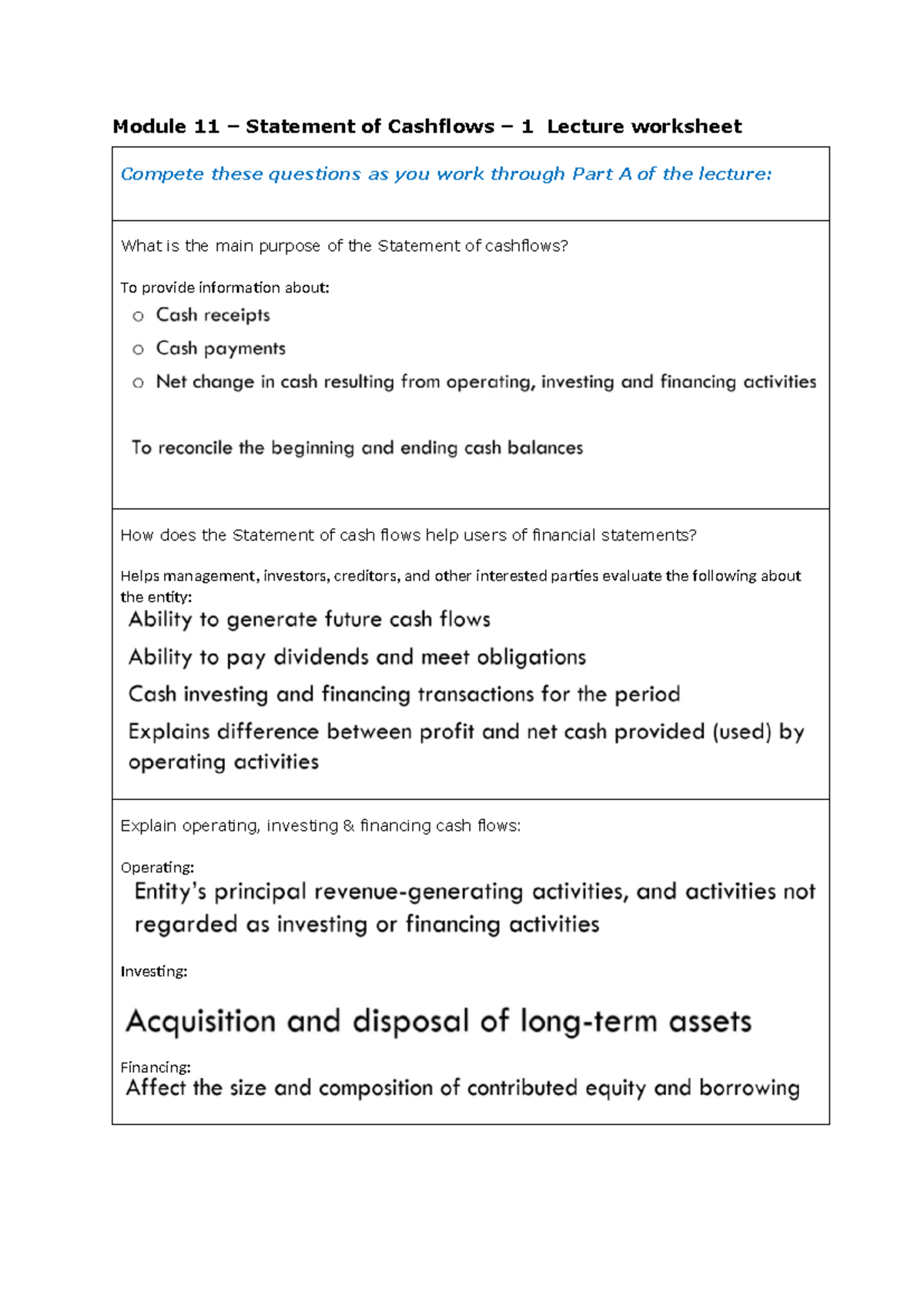 Module 11 Lecture worksheet - Module 11 – Statement of Cashflows – 1 Lecture worksheet Compete ...