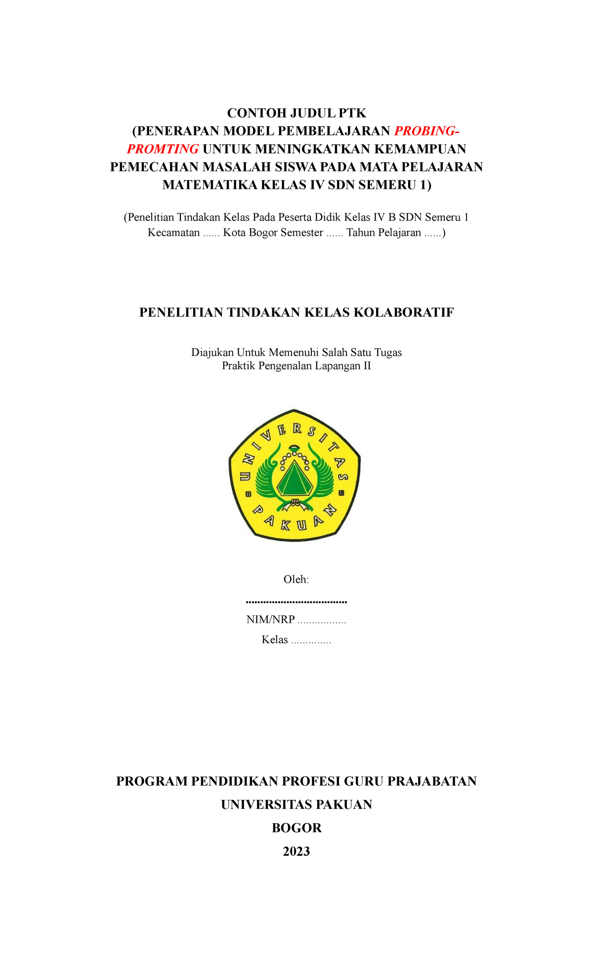 Format PTKK Prajab 2023 - CONTOH JUDUL PTK (PENERAPAN MODEL ...