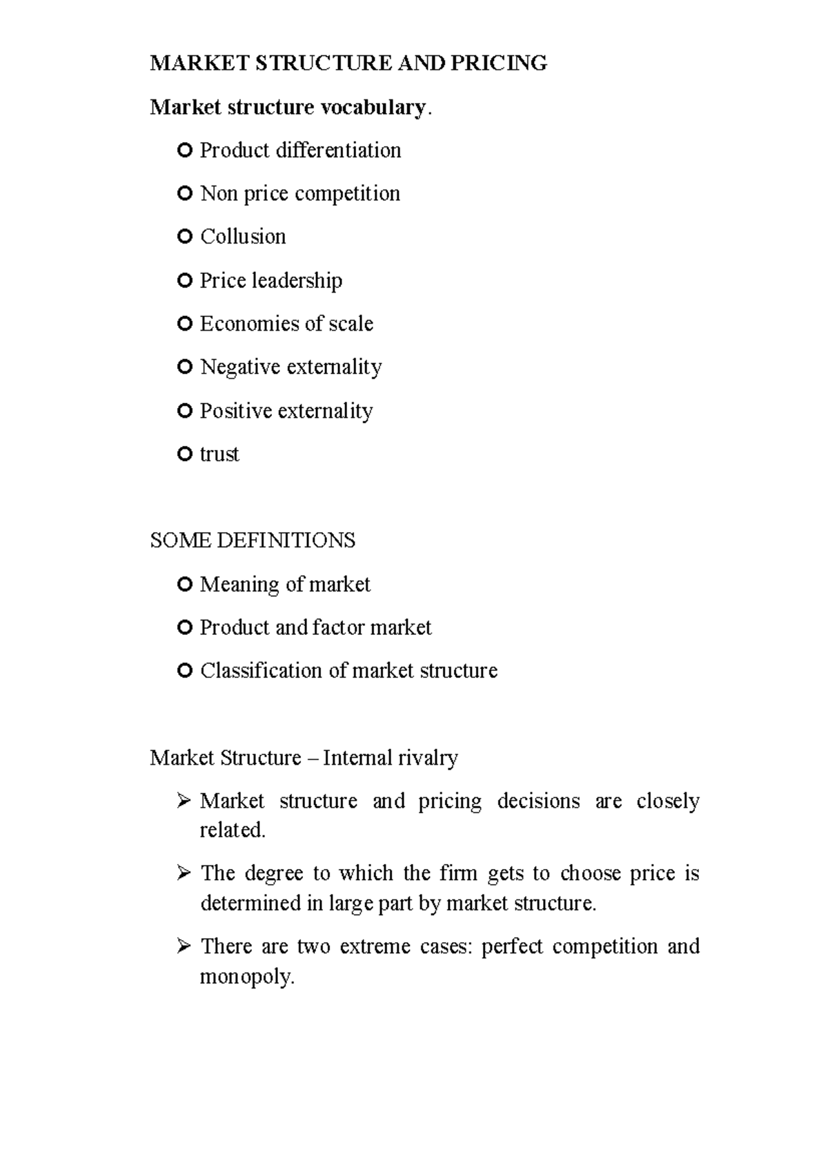 Market Structure AND Pricing - MARKET STRUCTURE AND PRICING Market ...