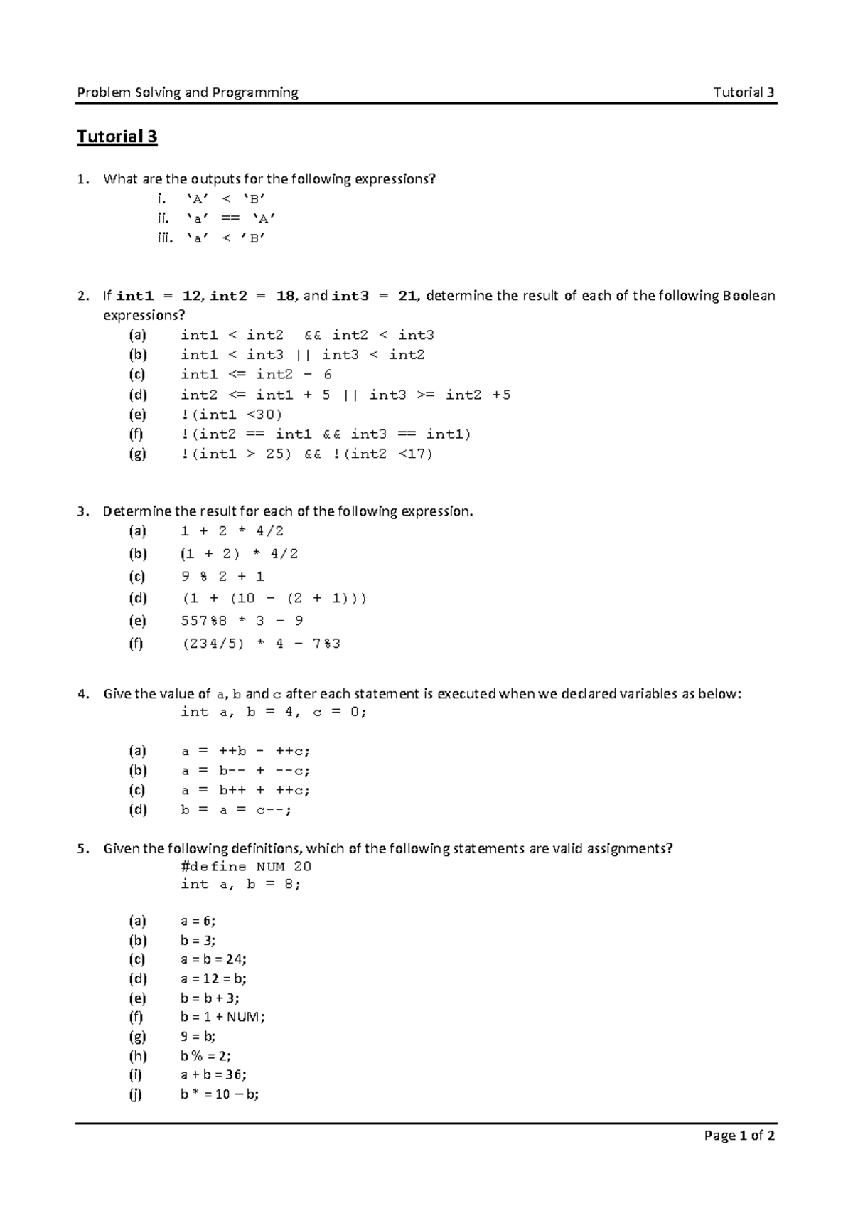 Tutorial 3revised Problem Solving And Programming Tutorial 3 Page 1 Of 2 Tutorial 3 What Are
