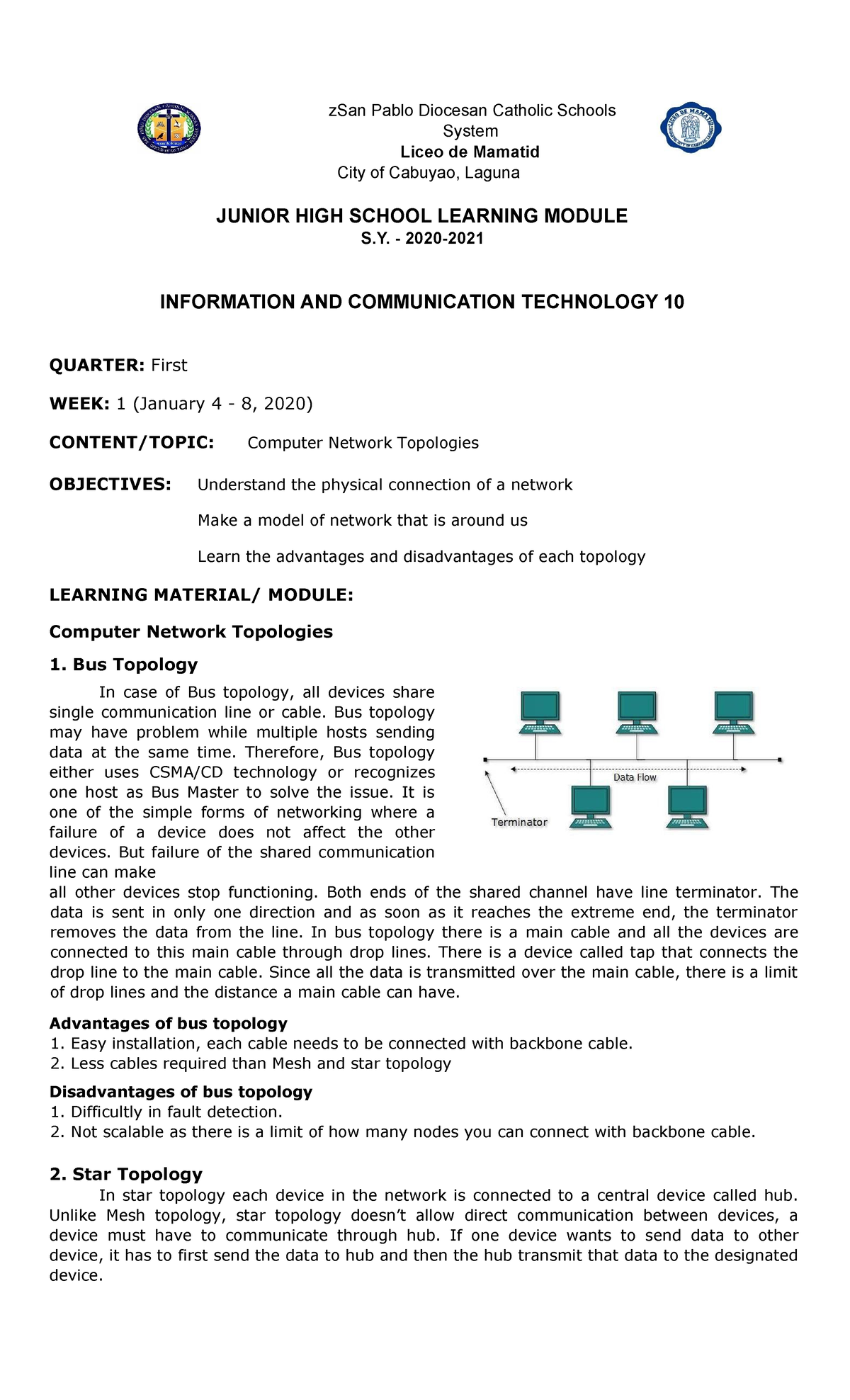 Ict Module #1- 3rd quarter- Topology - zSan Pablo Diocesan Catholic Schools System Liceo de ...