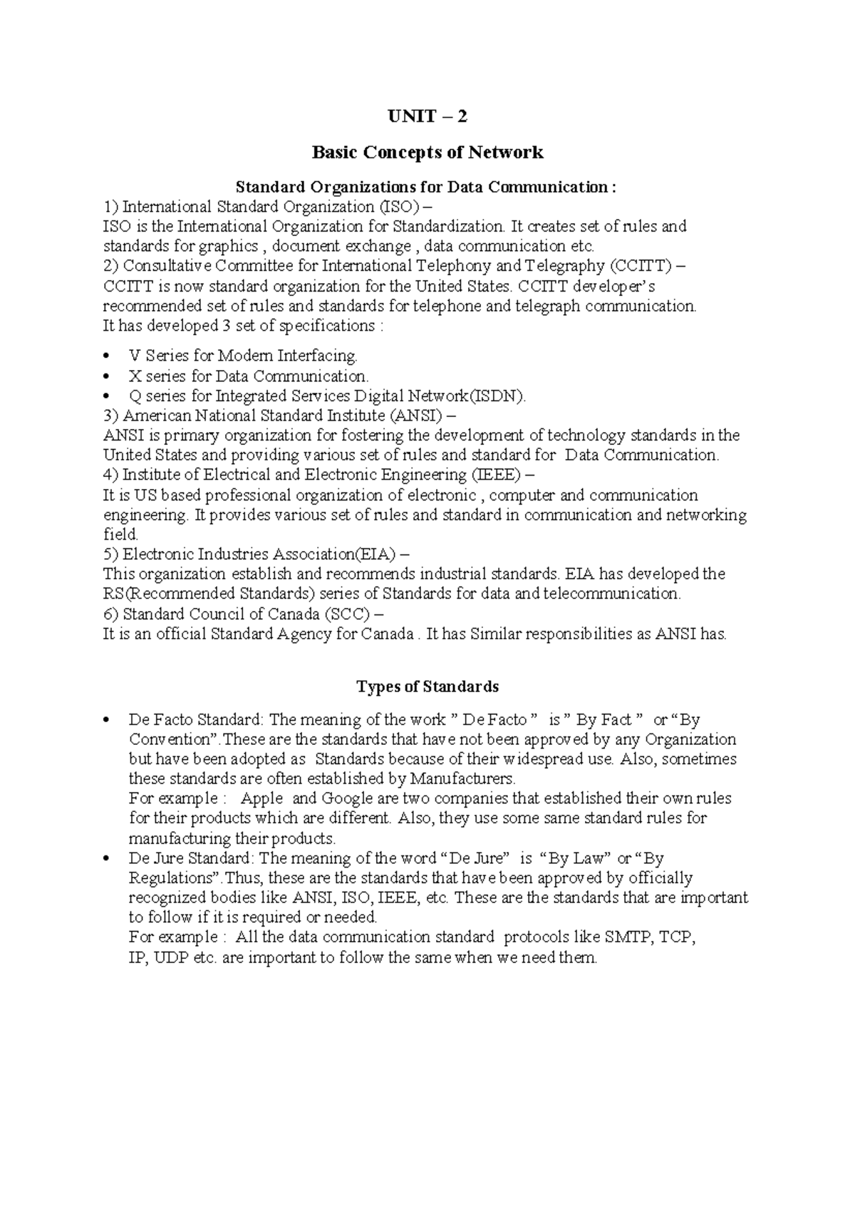 CSIT 369 DCCN Module II - UNIT – 2 Basic Concepts of Network Standard Organizations for Data ...