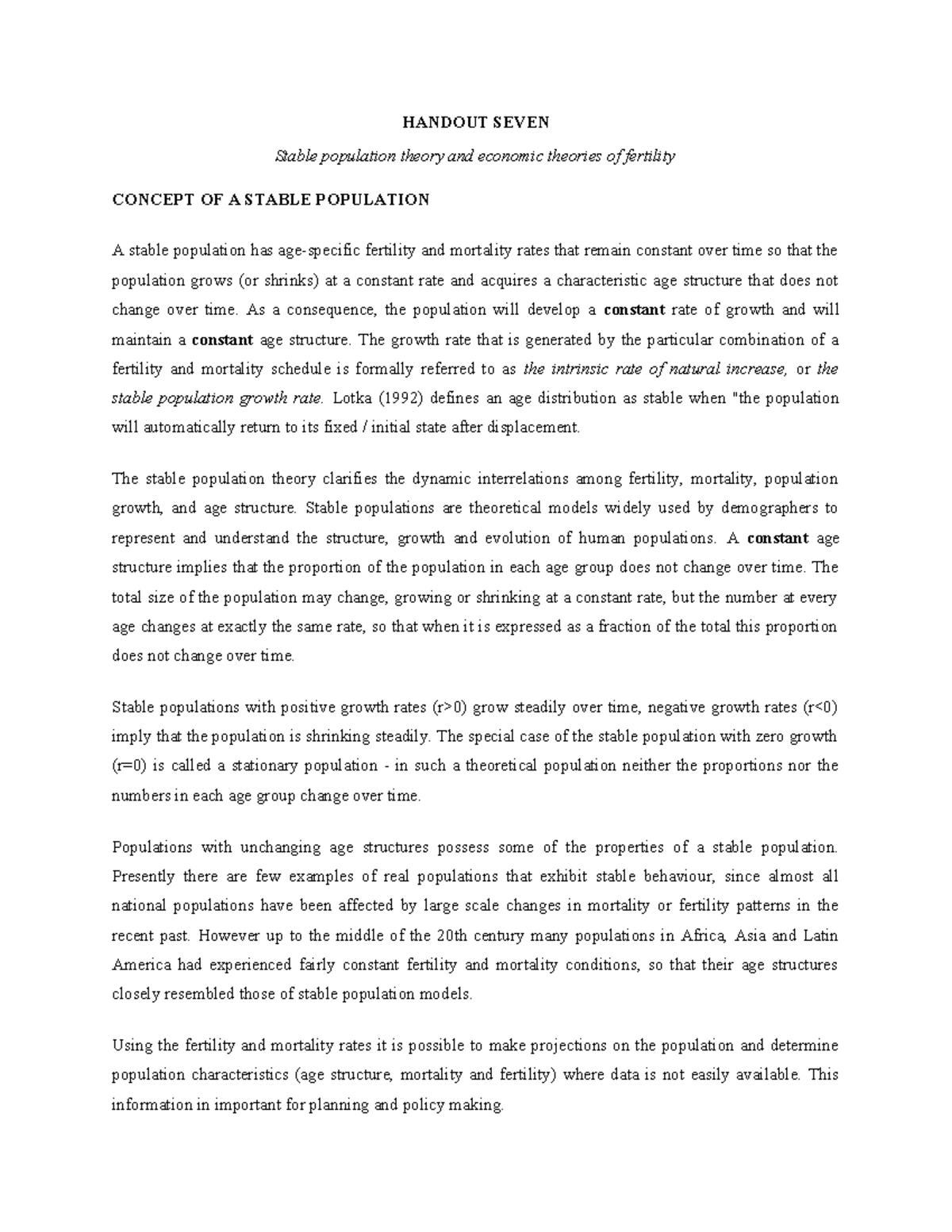 Handout Seven Stable Population and Economic Theories on Fertility ...