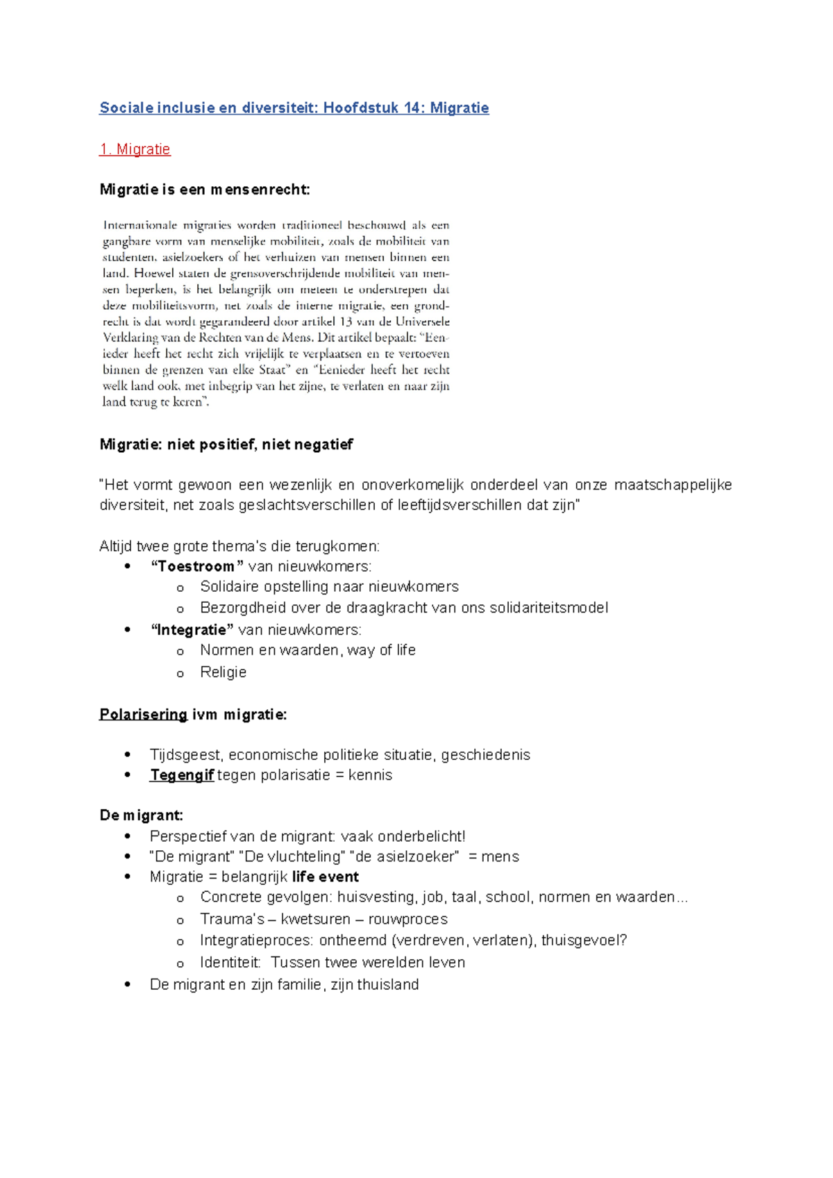 Hoofdstuk 14 SID - Sociale inclusie en diversiteit: Hoofdstuk 14: Migratie Migratie Migratie is ...