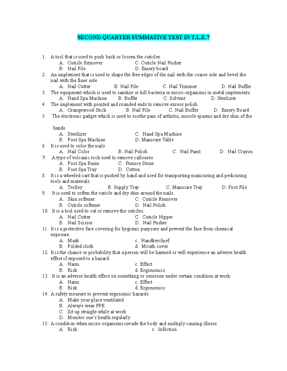 Second Quarter Summative TEST IN TLE - SECOND QUARTER SUMMATIVE TEST IN ...