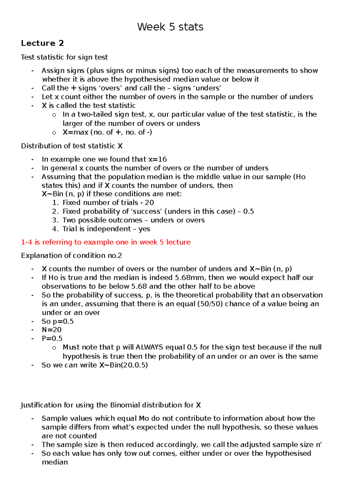 Week 5 stats - Week 5 stats Lecture 2 Test statistic for sign test ...