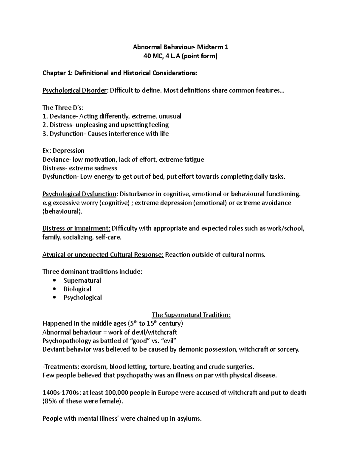 AB Psych - Abnormal Behaviour- Midterm 1 40 MC, 4 L (point form ...