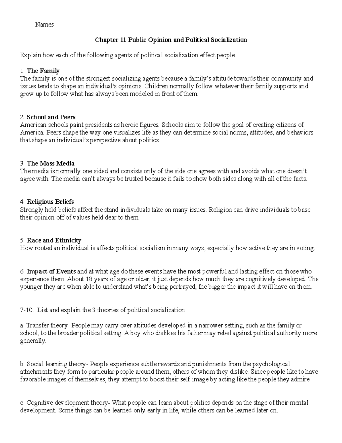 Political Socialization worksheet - Names - Studocu