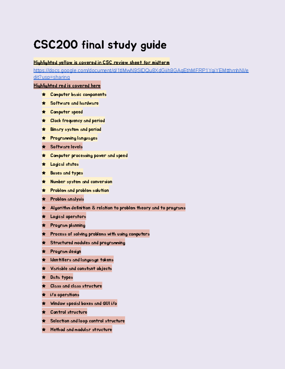 Final study guide - my last note - CSC200 final study guide Highlighted ...