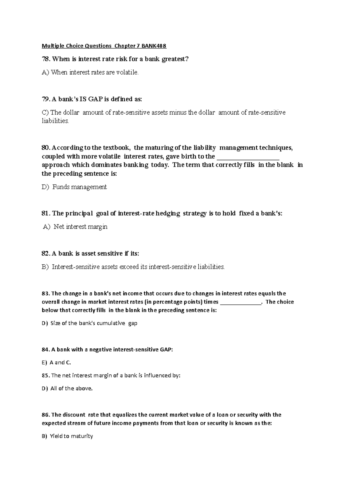 Multiple Choice Questions Chapter 7 bank408 - Multiple Choice Questions ...