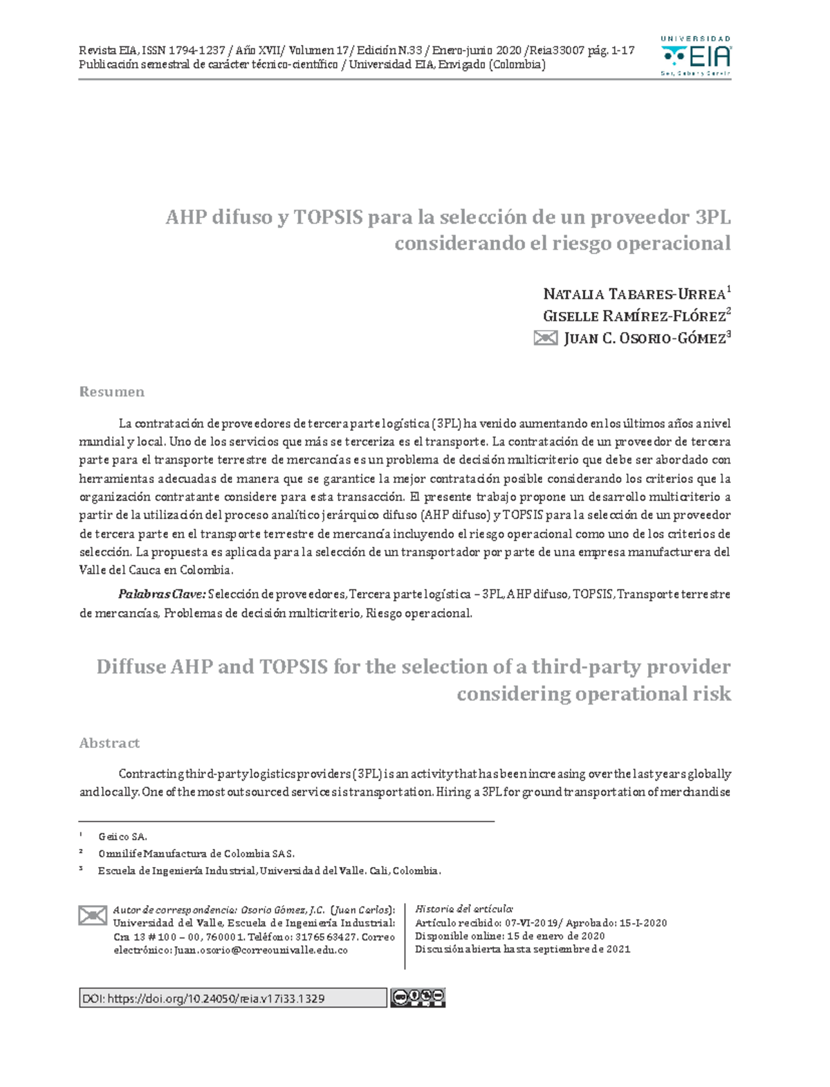 2463-0950-eia-17-33-89 - AHP difuso y TOPSIS para la selección de un proveedor 3PL considerando ...