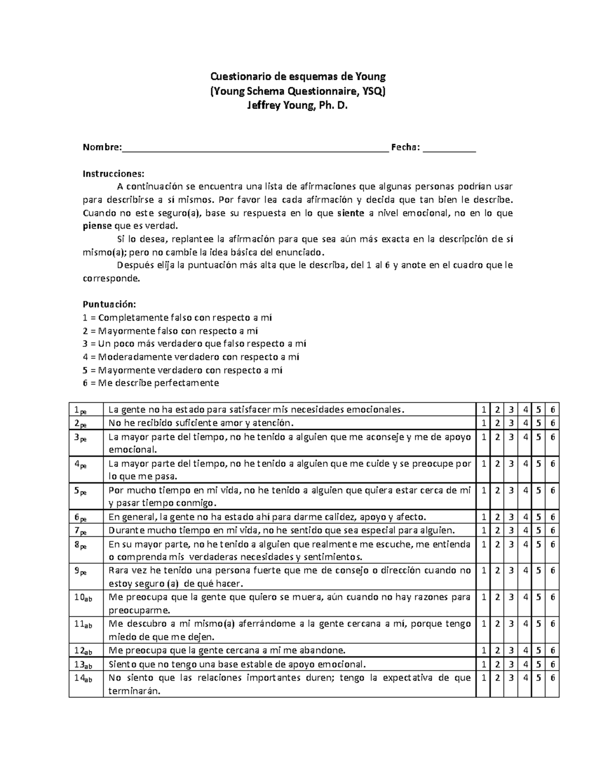 Questionarios De Esquemas De Young - RETOEDU
