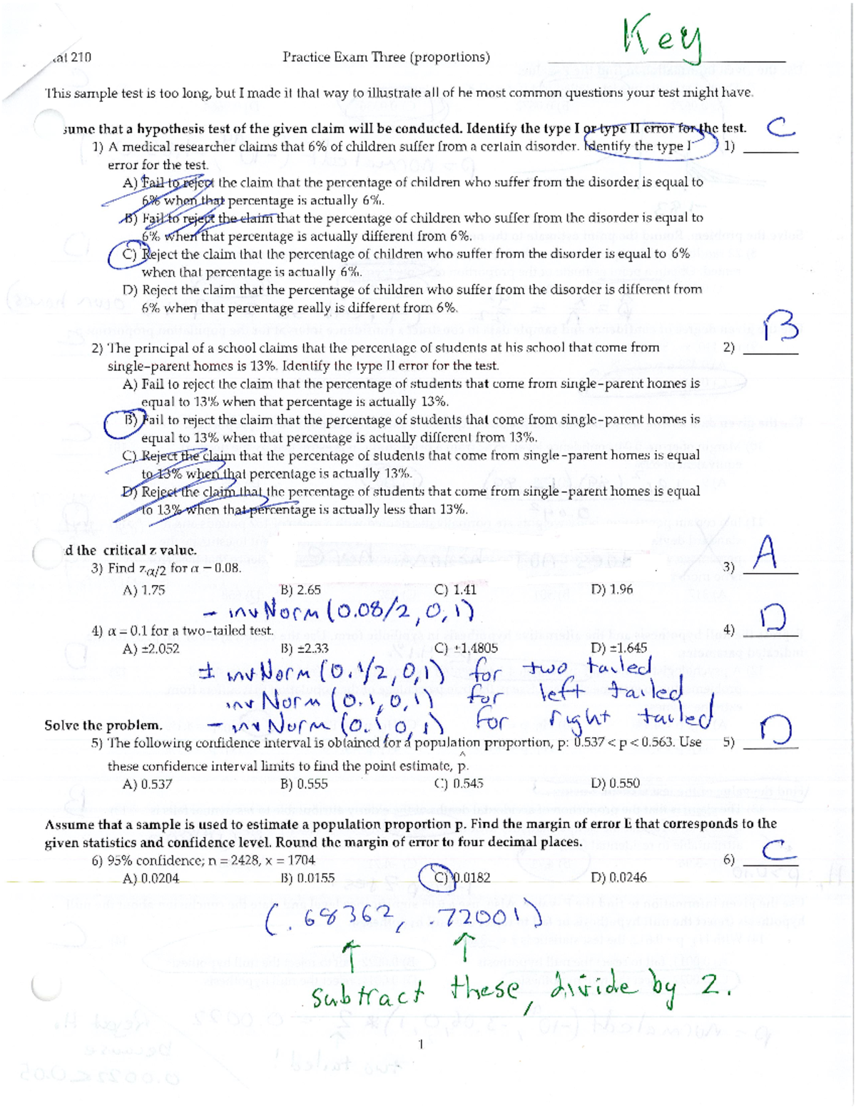 Test 3 Practice (proportions) Fall 2019 .answers - at 210 Practice Exam ...