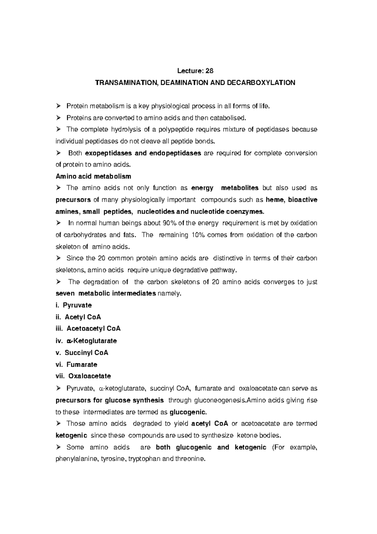 Aminoacid Metabolism - Lecture: 28 TRANSAMINATION, DEAMINATION AND ...