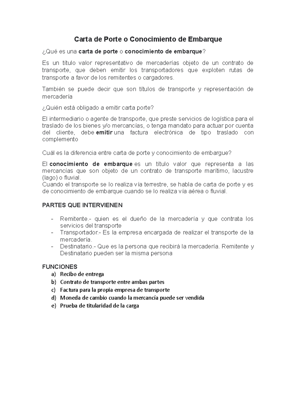 Carta de Porte o Conocimiento de Embarque - También se puede decir que ...