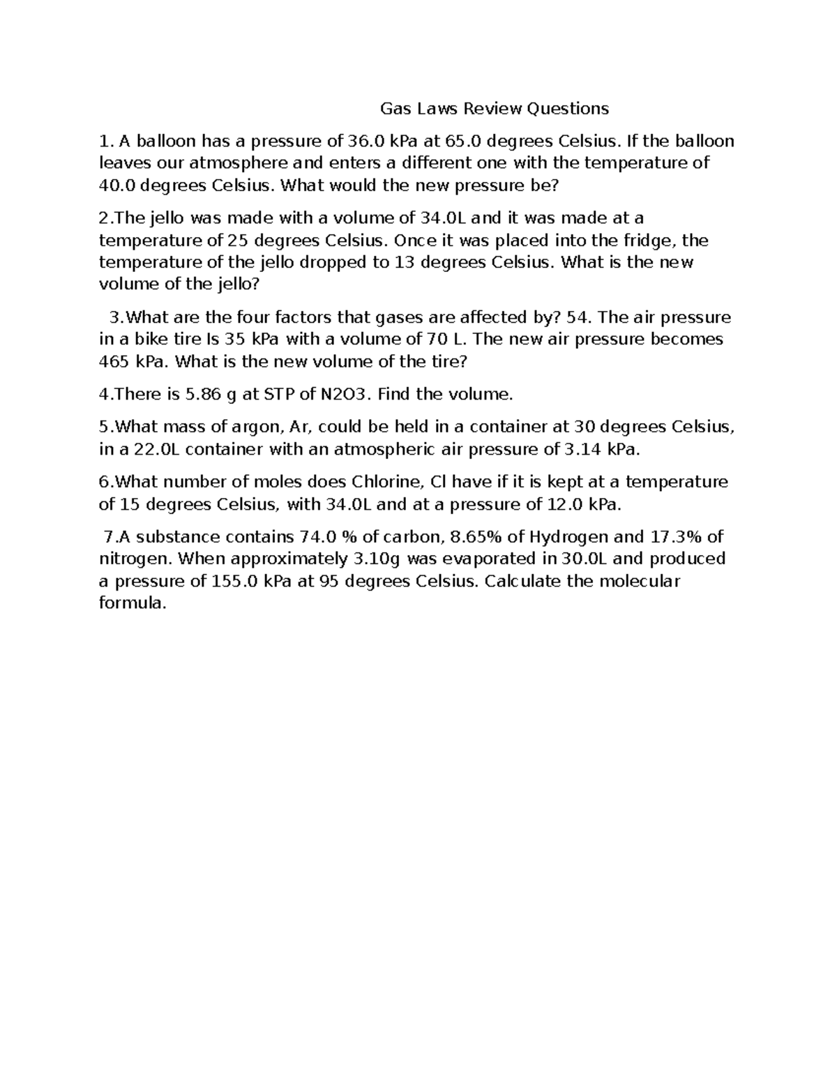 Gas Laws Review - It is a good practicesheet - Gas Laws Review ...