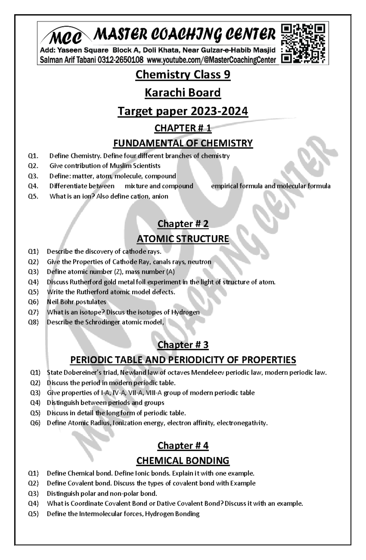 Chem 9 - notes - Chemistry Class 9 Karachi Board Target paper 2023 ...