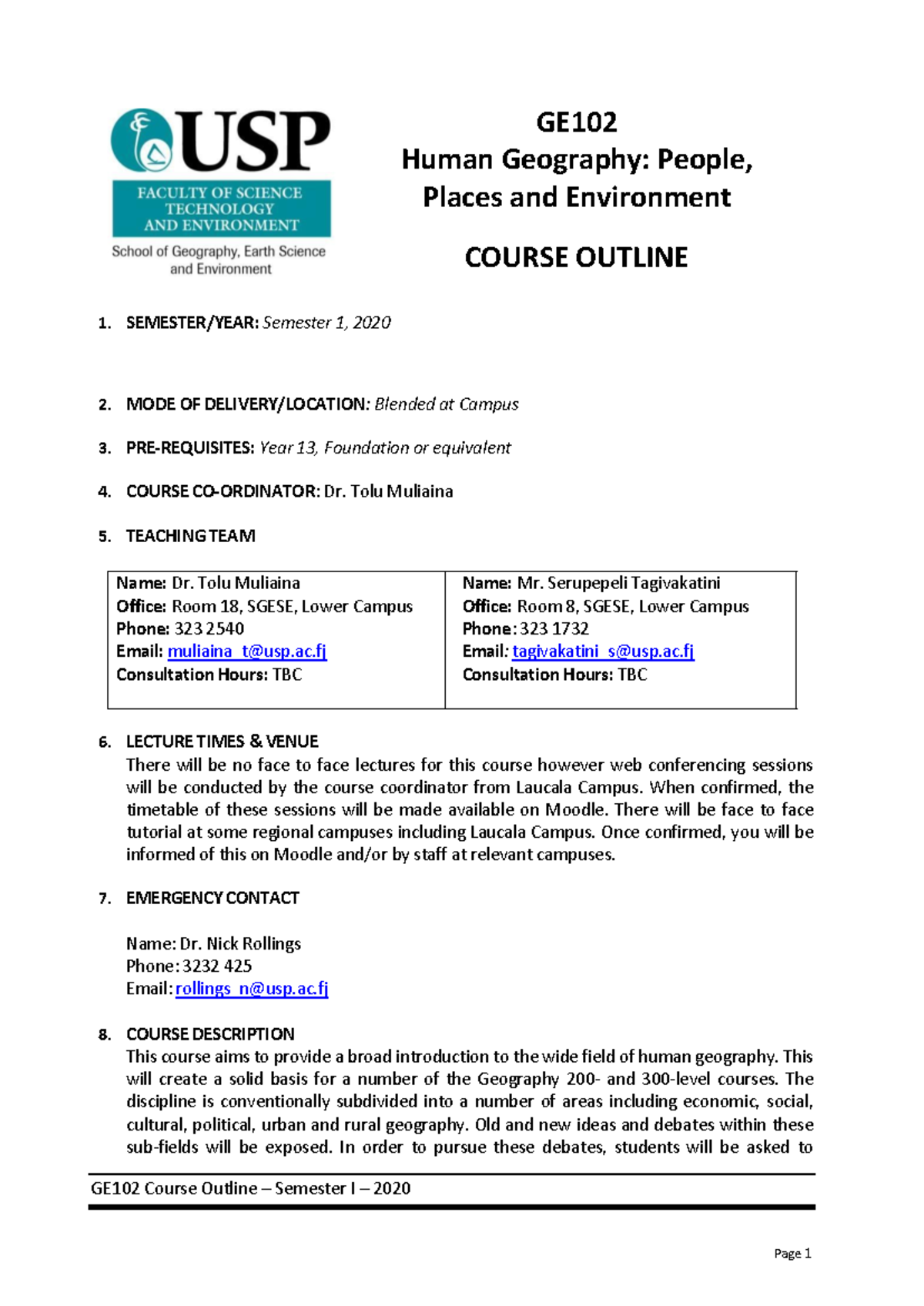 GE102 Course Outline Semester 1 2020 - GE102 Course Outline – Semester ...