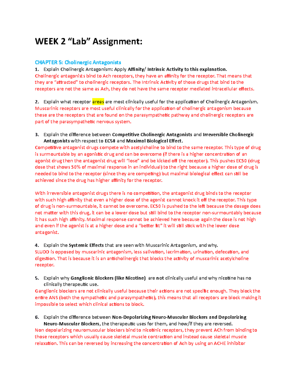 WEEK 2 Worksheet - William D'andrea - WEEK 2 “Lab” Assignment: CHAPTER 5: Cholinergic ...