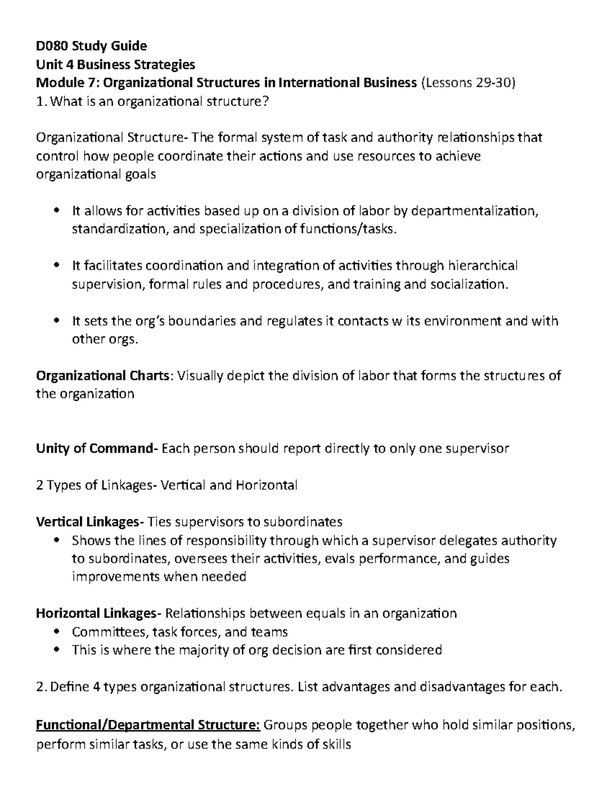 D080 Study Guide Unit 4 - It facilitates coordination and integration ...