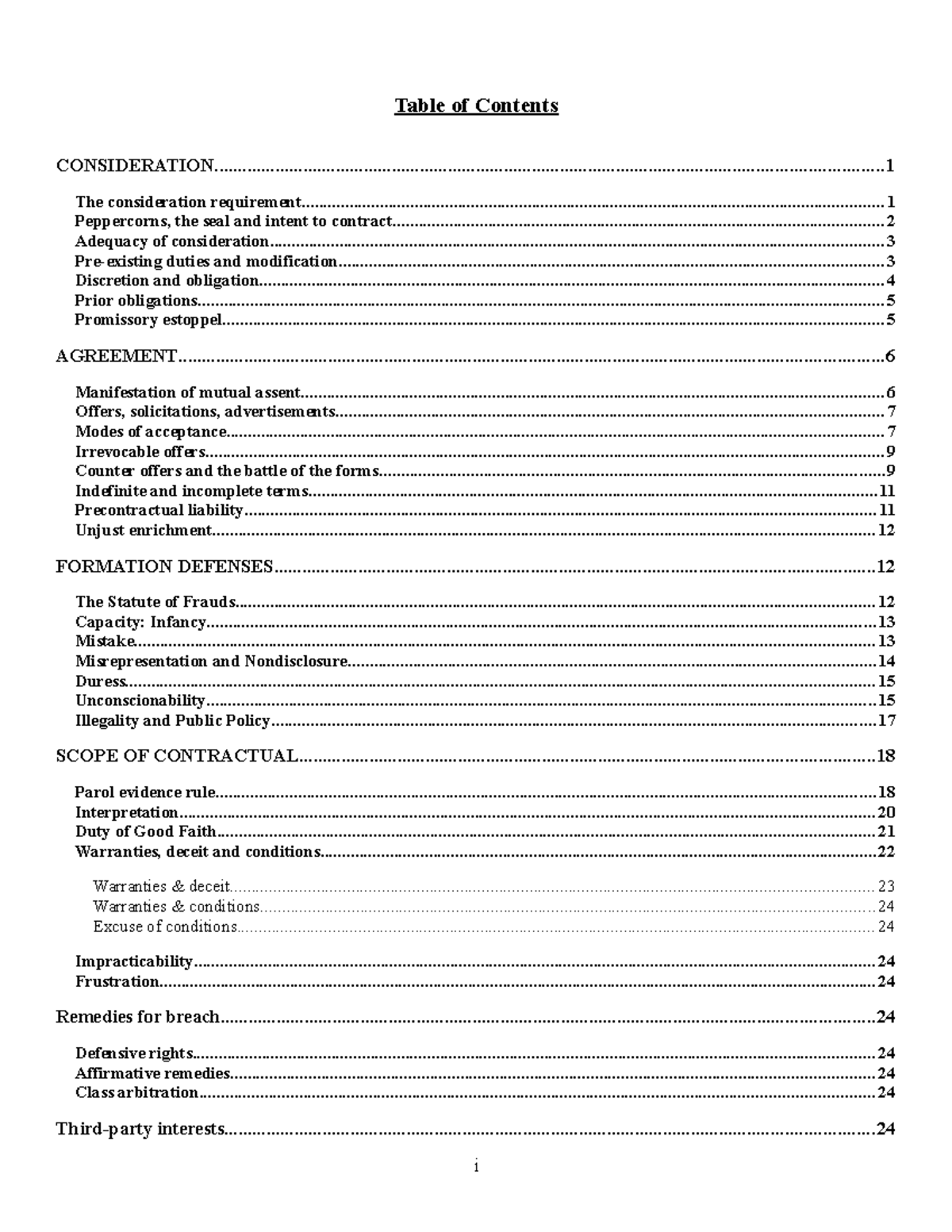 Contracts outline FALL 2020 CUA - Table of Contents - Studocu