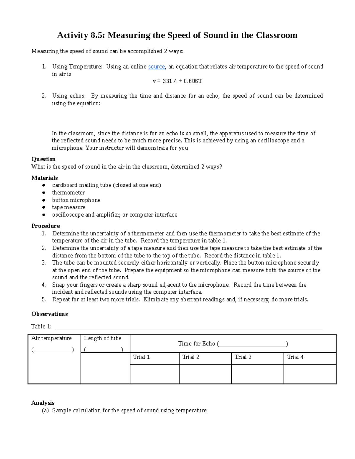 Activity 8.5 Measuring the Speed of Sound - Activity 8: Measuring the ...