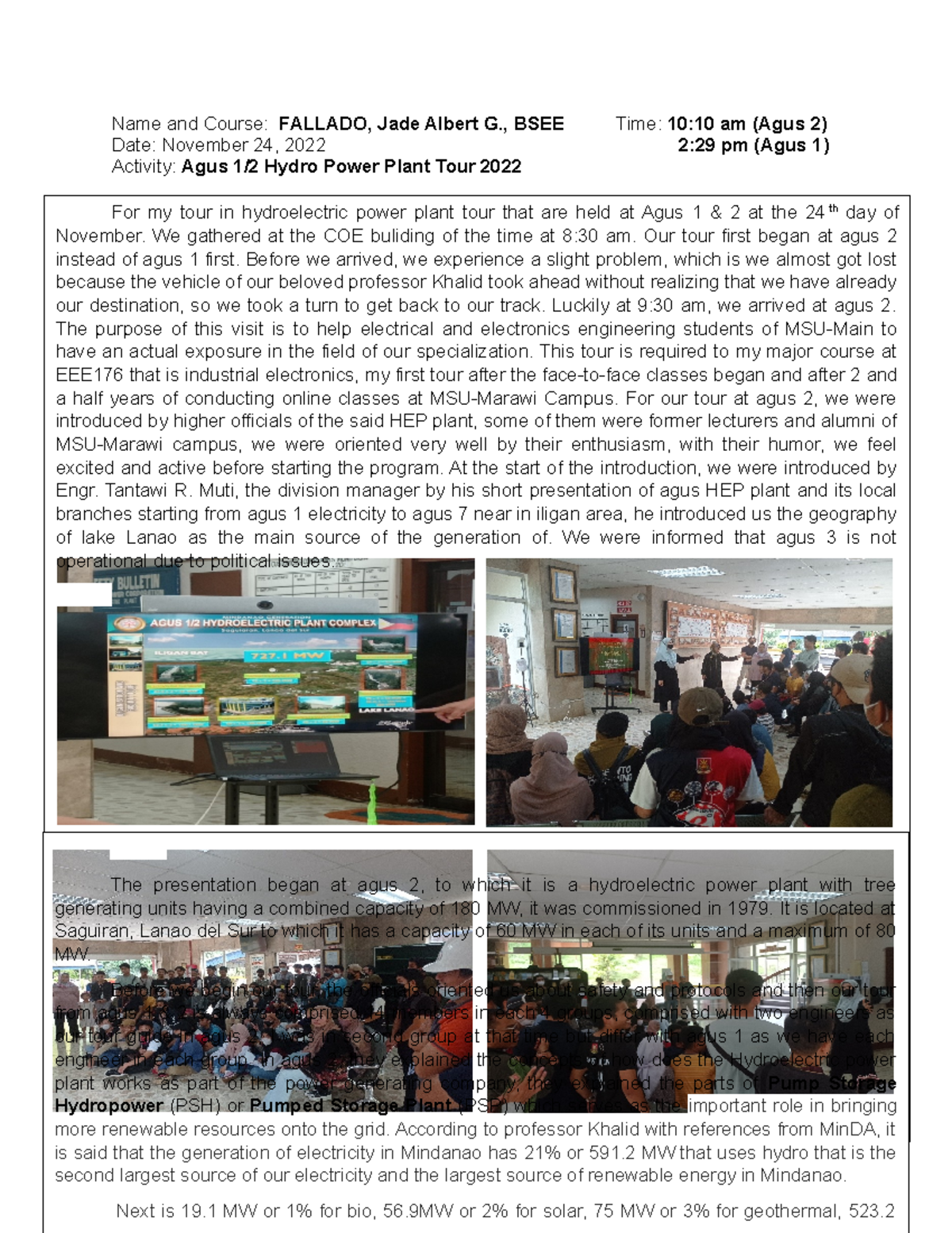 Jade Albert G. Fallado - Agus 12 Hydro Power Plant Tour 2022 - Name and ...
