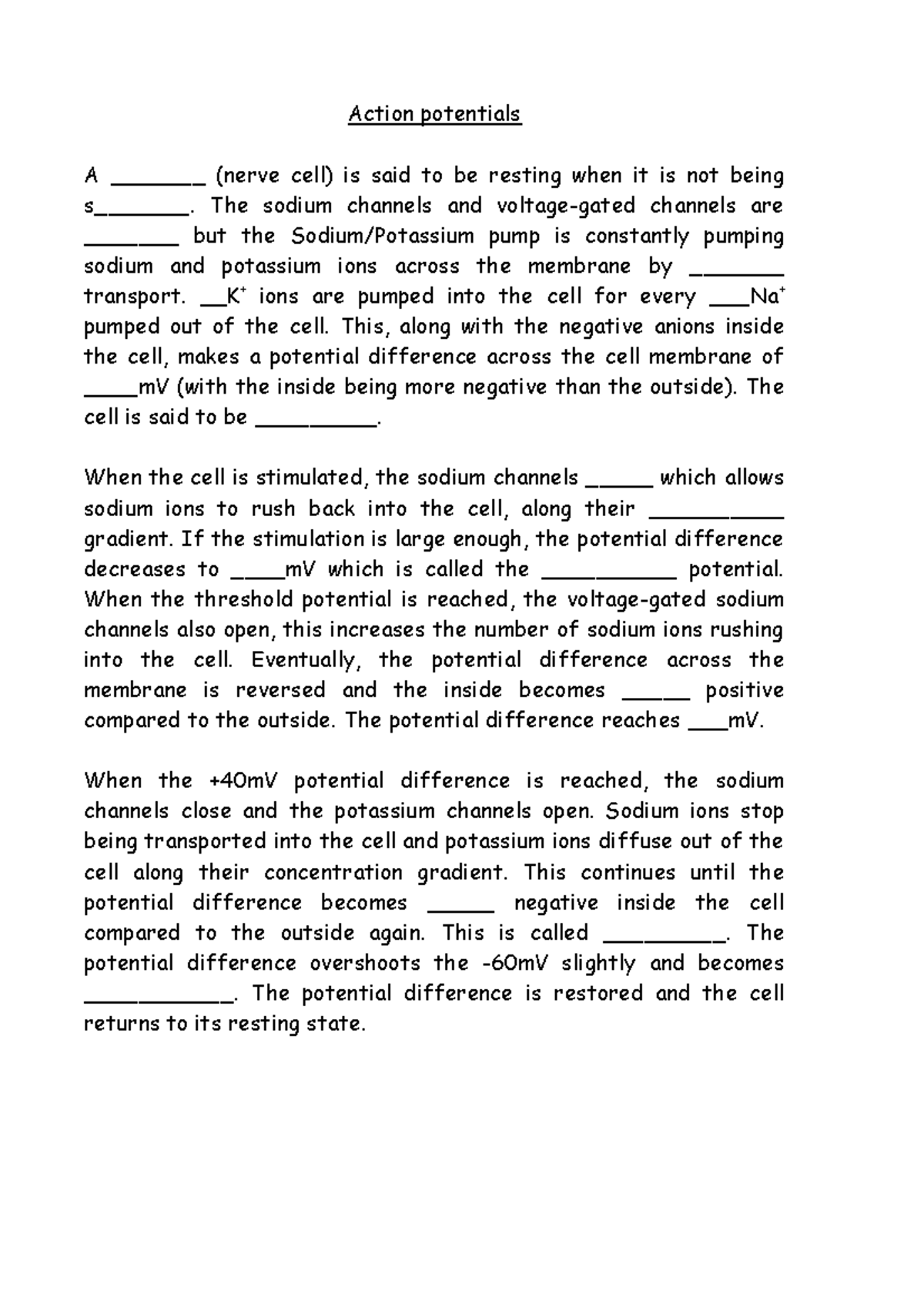 Action potentials worksheet - Action potentials A _______ (nerve cell ...